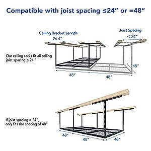 FLEXIMOUNTS 4x8 Overhead Garage Storage Rack, Adjustable Garage Storage Organization Systerm, Heavy Duty Metal Garage Ceiling Storage Racks, 600lbs Weight Capacity, Black