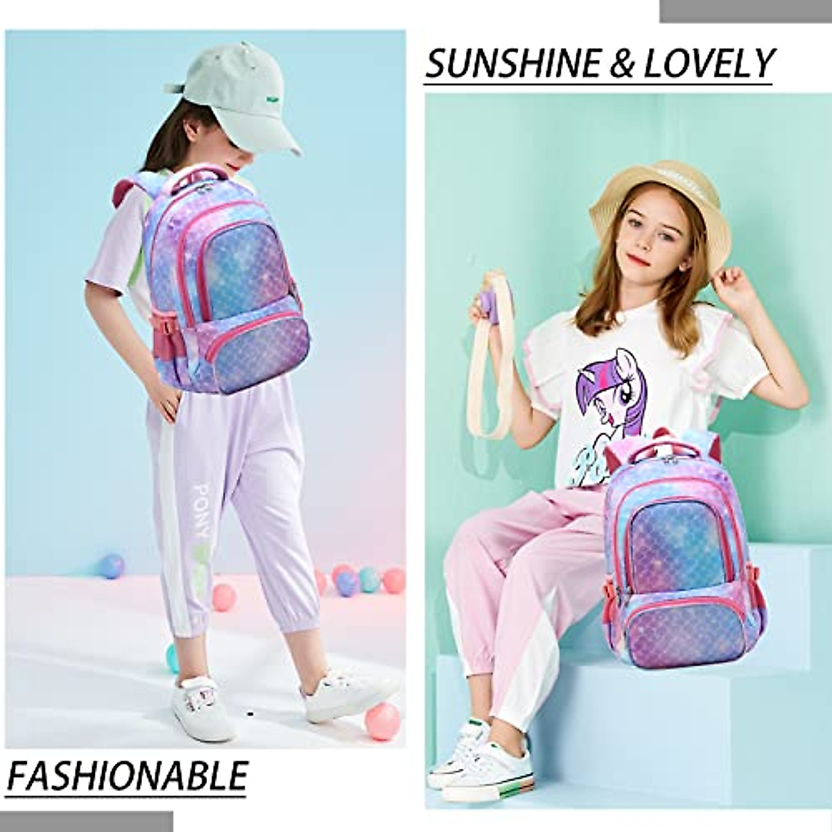 BLUEFAIRY Mermaid Backpack for Girls Elementary School Bags for Kids Primary School Cute Book Bags Fish Scale Child Gifts Presents Travel Mochila Sirenpara Niñas Lightweight 17 Inch (Rose)