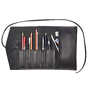 Alta Andina Leather Pen & Pencil Case | Vegetable Tanned Leather Roll Up | 5 Slots & Pouch for Pens, Brushes | Art, Stationary, & Makeup Organizer (Black – Noche)