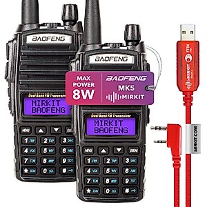 Mirkit 2Х BAOFENG UV-82 MK5 8W Max Power Ham Radio VHF/UHF 144-148/420-450MHz Walkie Talkies with 2800mAh Li-ion Baofeng Battery Pack, Baofeng Programming Cable & Mirkit Lanyards