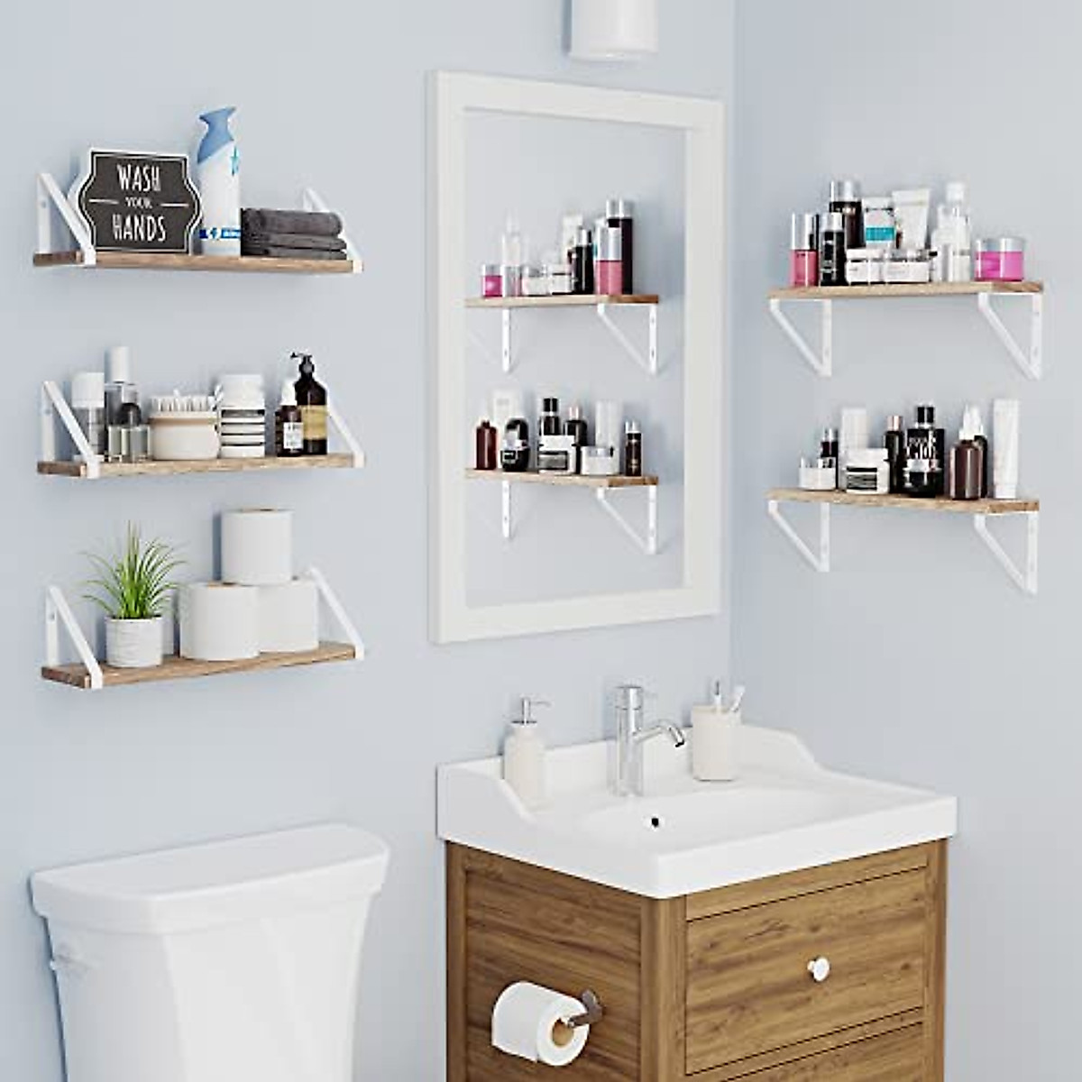 Wallniture Ponza Floating Bookshelves, Burnt 17"x4.5" Floating Shelves for Wall Storage, Set of 5 Wood Shelves for Bedroom, Bathroom, Kitchen, Living Room Decor