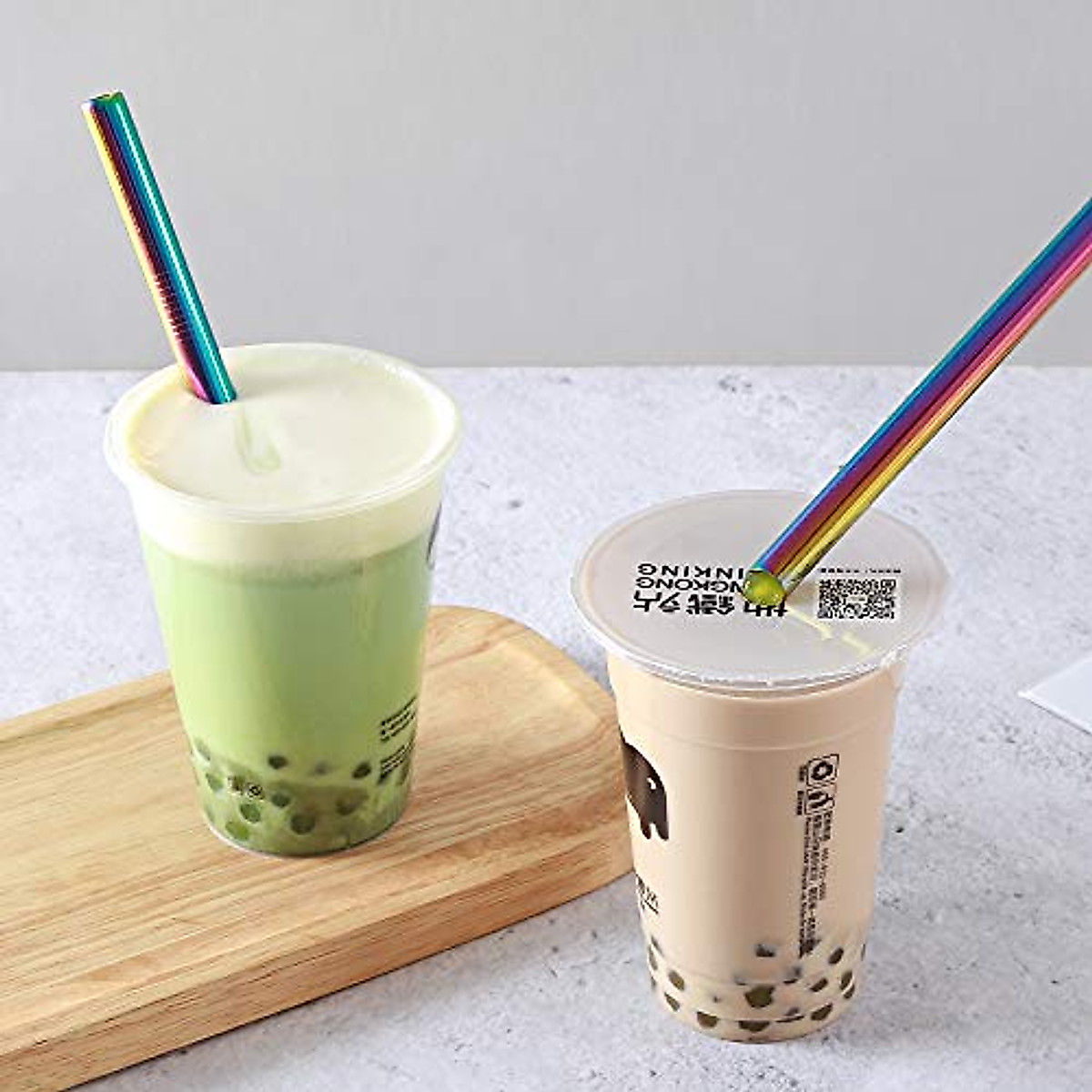 6 Pcs Reusable Boba Straws Smoothie Straws, 0.5" Wide Stainless Steel Straws, Angled Tips Metal Straws for Bubble Tea, Milkshakes, Smoothies with Cleanning Brush & Case (Rainbow)