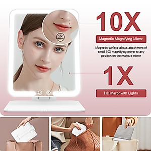 Gospire Travel Makeup Mirror with Lights and Magnification 10X, Portable Make Up Compact Tabletop with Adjustable Stand, 3 Colored Light Rechargeable Lighted LED Cosmetic Vanity- White