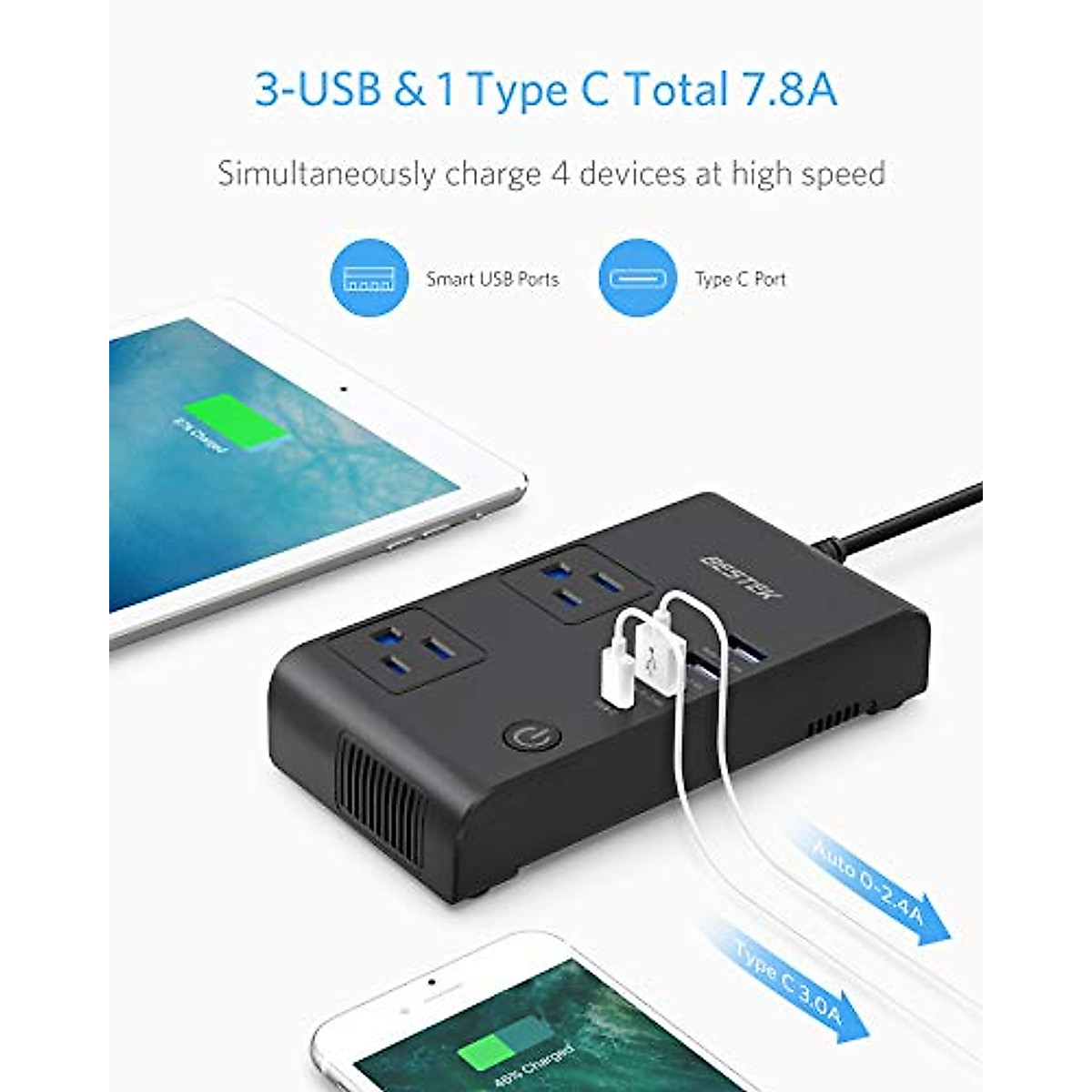 BESTEK 200W Power Inverter, DC 12V to AC 110V Car Inverter with Total 7.8A 4 USB Ports Multi-Protection Car Charger Adapter, ETL Listed(Black)