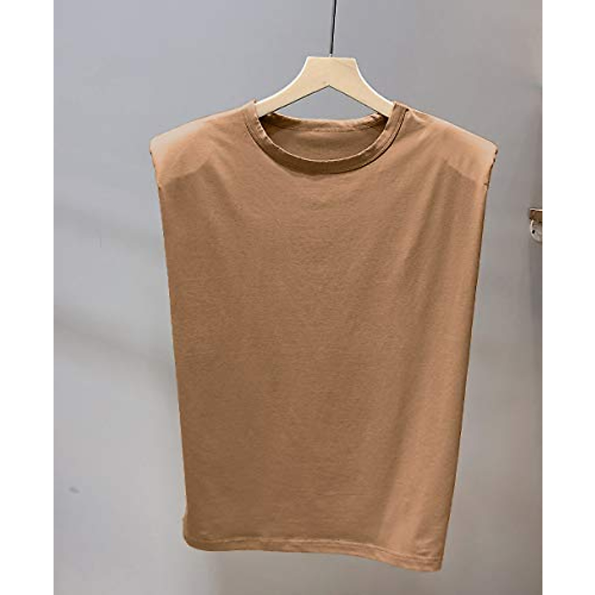 MISSACTIVER Women Summer Loose Slim Tank Top Solid Cotton Sleeveless Vest Round Neck Cami Shoulder Pads T-Shirts (Medium, Khaki)