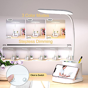YOUKOYI LED Desk Lamps for Home Office, Rechargeable Battery Operated Desk Lamp with Touch Control, Stepless Dimming, 3 Color Modes, Pen Holder and Night Light- Gooseneck Desk light for Study, Reading