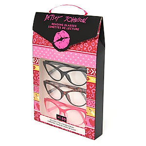 Betsey Johnson Women's Fairisle 3 Pack Reading Glasses Cat eye, Black, Tortoise, Pink Gradient, 2.5X + 2.5