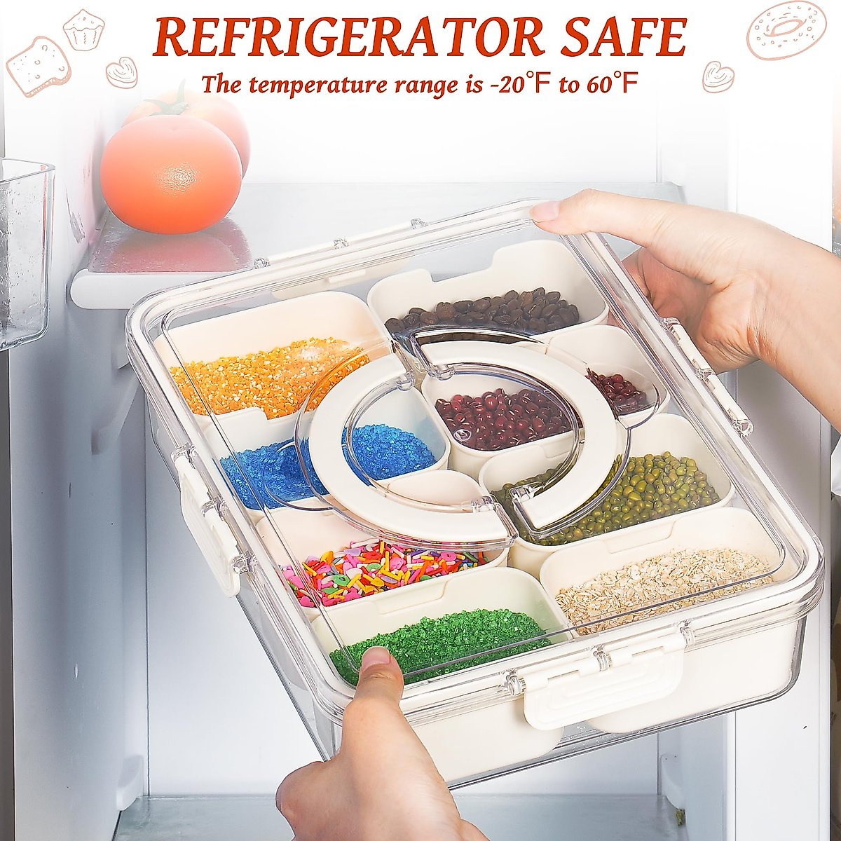 Snackle Box Container, Divided Serving Tray with Lid and Handle, Portable Snackle Box Charcuterie Container for Candy, Fruits, Veggie, Travel & Picnic (1 Pack with 8 Compartments)