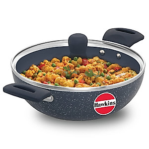HAWKINS Ceramic Nonstick 2.5 Litre Deep Kadhai, Induction Deep Fry Pan with Glass Lid, Granite Kadai (ICK25G)