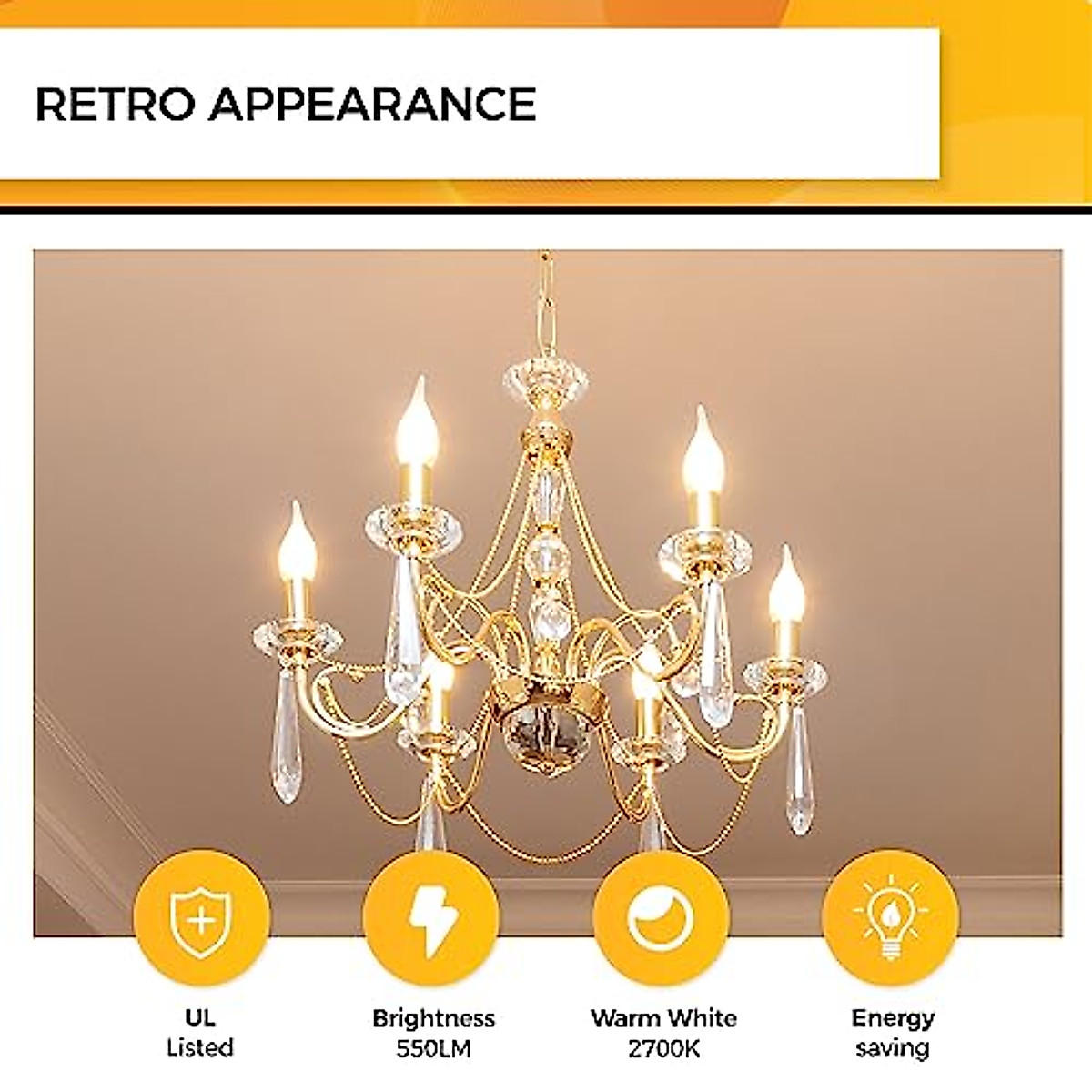 Hizashi LED Candelabra Bulbs 60 watt Equivalent 2700K Soft Warm White, Dimmable Chandelier Light Bulbs, 90+ CRI 6W 550LM, CA11 Flame Tip E12 LED Candle Bulb, UL Listed - 12 Pack