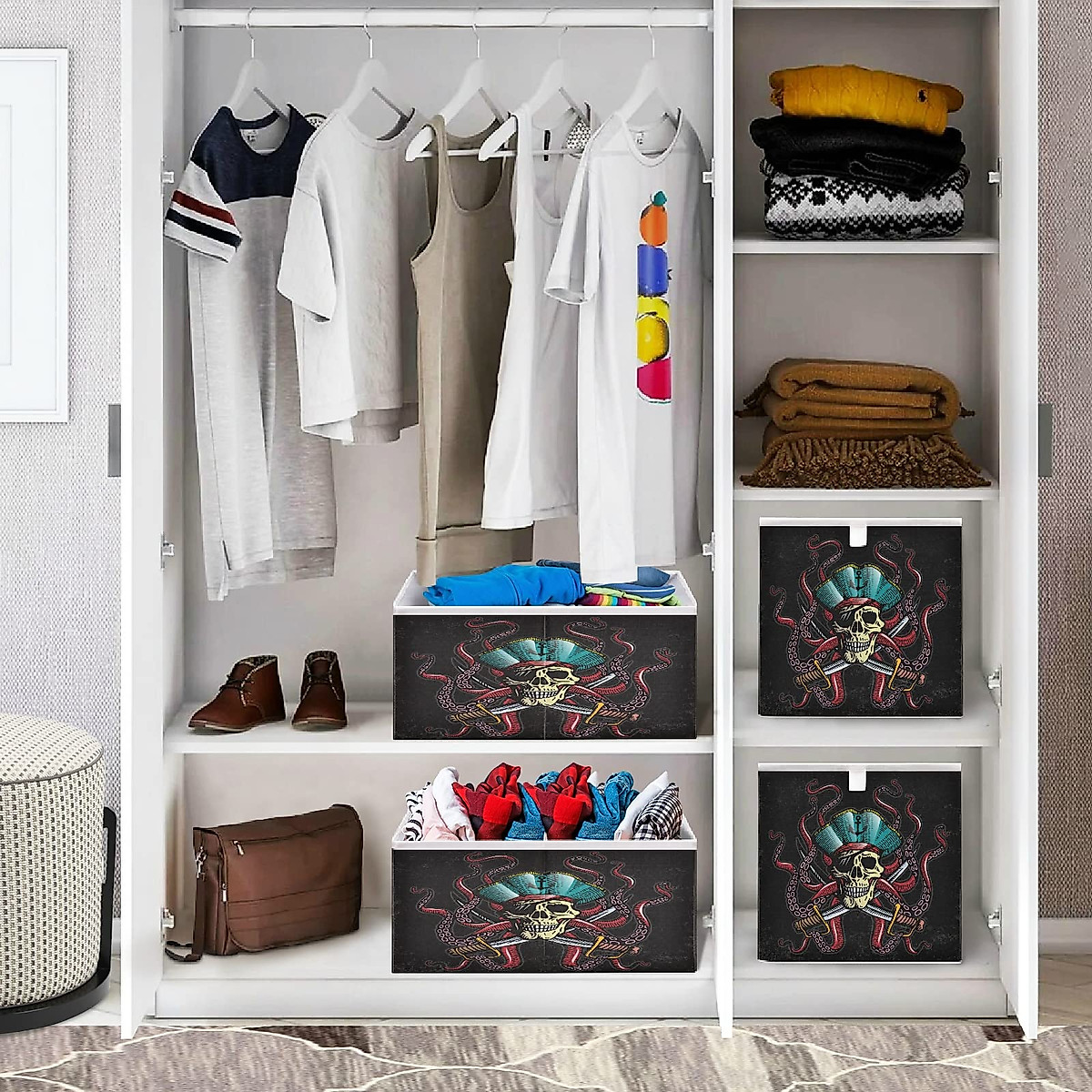 Blueangle Octopus Pirate Skull Cube Storage Bin, 11 x 11 x 11 in, Large Collapsible Organizer Storage Basket for Home Décor（530）