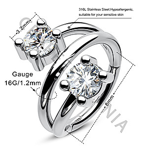 CM Crareesi Mania Helix Piercing Jewelry Hoop 316L Stainless Steel Hinged Segment 16g Cartilage Earrings Tiny CZ Double Row Daith Rook 8mm Nose Ring Hoop