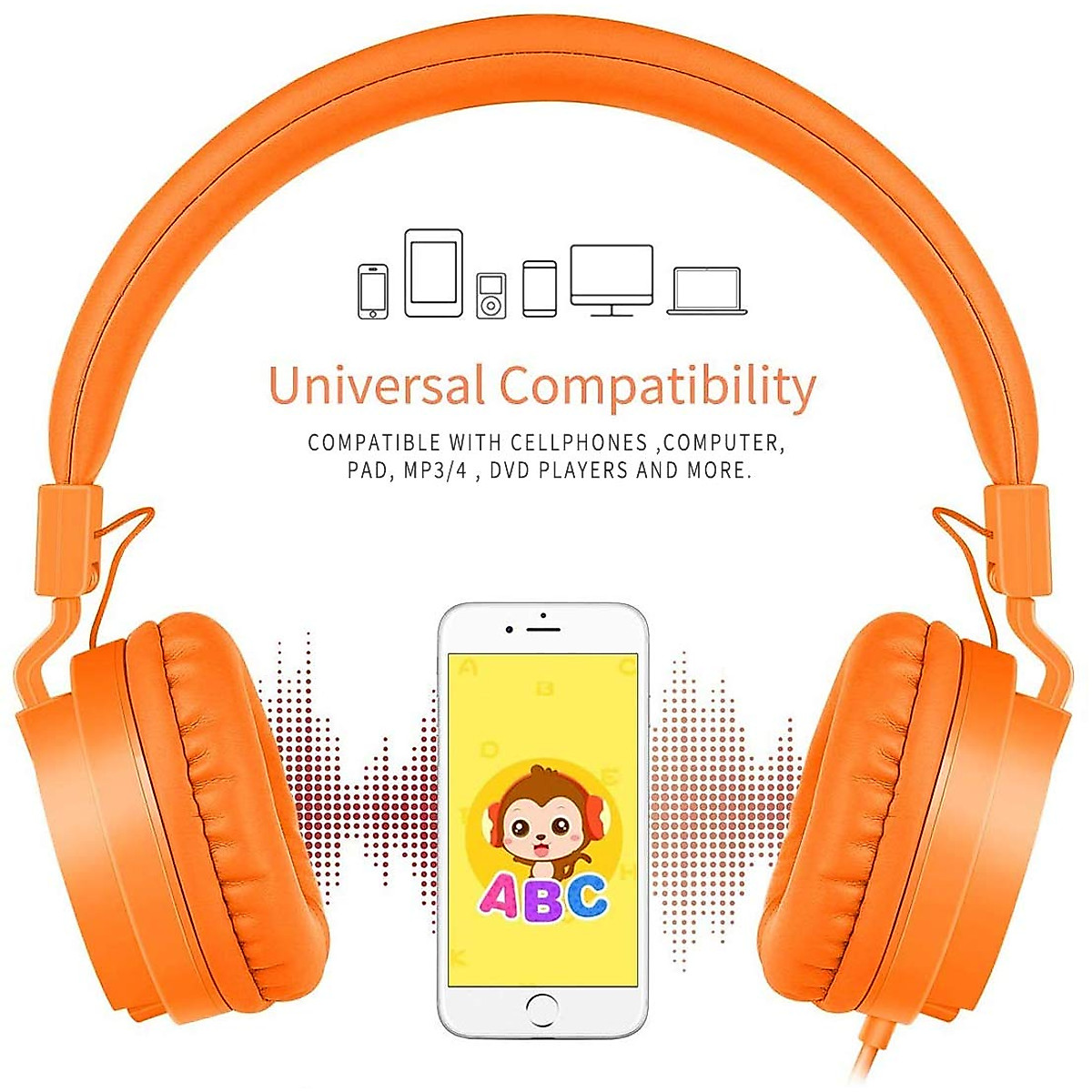 gorsun Kids Headphones, Lightweight Stereo Wired Toddler Headphones，Adjustable Headband Children's Headset for Smartphones Computer Pad Earphones(Orange)