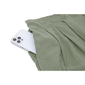 ebossy Women's Summer Drawstring Elastic Waist Cotton Linen Utility Beach Palazzo Pants Pockets (M, Green)