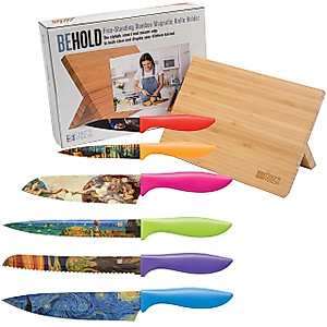 CHEF'S VISION Masterpiece Knife Set Bundled With BEHOLD Free Standing Magnetic Holder Bamboo