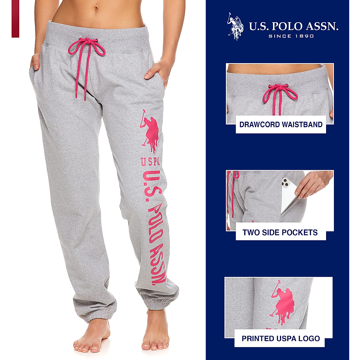 U.S. Polo Assn. Essentials Grey Sweatpants for Women, Comfy French Terry Womens Joggers with Pockets (Heather Grey, Medium)