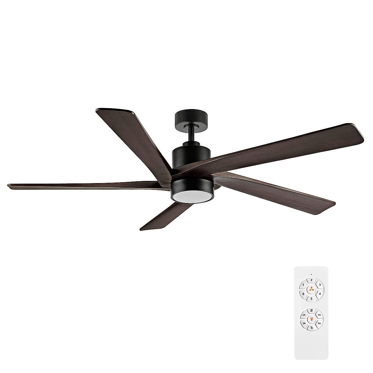 WINGBO 64 Inch DC Ceiling Fan with Lights and Remote Control, 5 Reversible Carved Wood Blades, 6-Speed Noiseless DC Motor, Modern Ceiling Fan in Matte Black Finish with Walnut Blades, ETL Listed