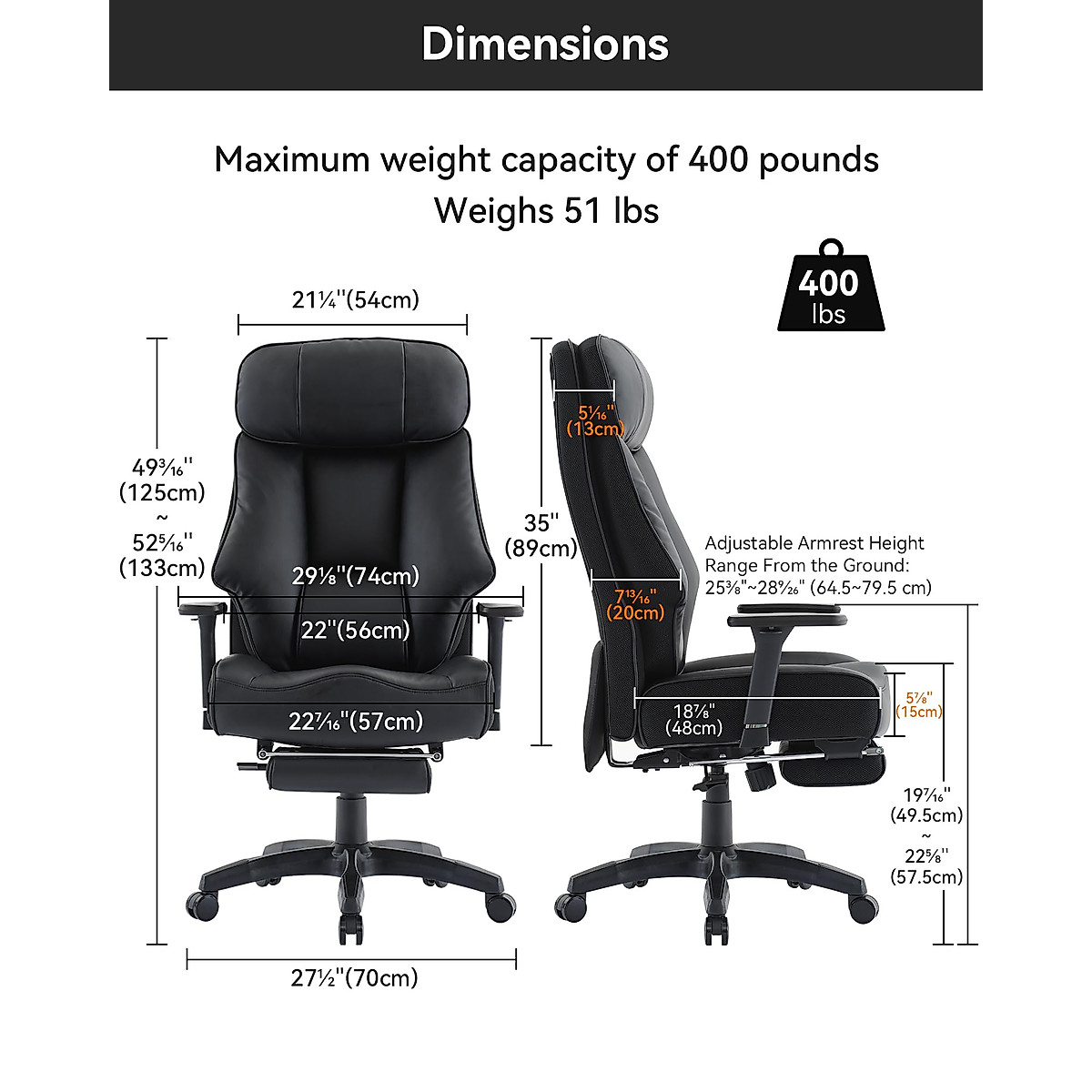 DJ·Wang Big and Tall Office Chair 400lbs, Executive Office Chair with Foot Rest, High Back Office Chair with Back Support, Oversized Office Chair for Heavy People, Leather Office Chair Black