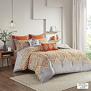 Madison Park Nisha Sateen Cotton Comforter Set, Breathable, Soft Cover, Trendy, All Season Down Alternative Cozy Bedding with Matching Shams, King/ California King, Orange 7 Piece