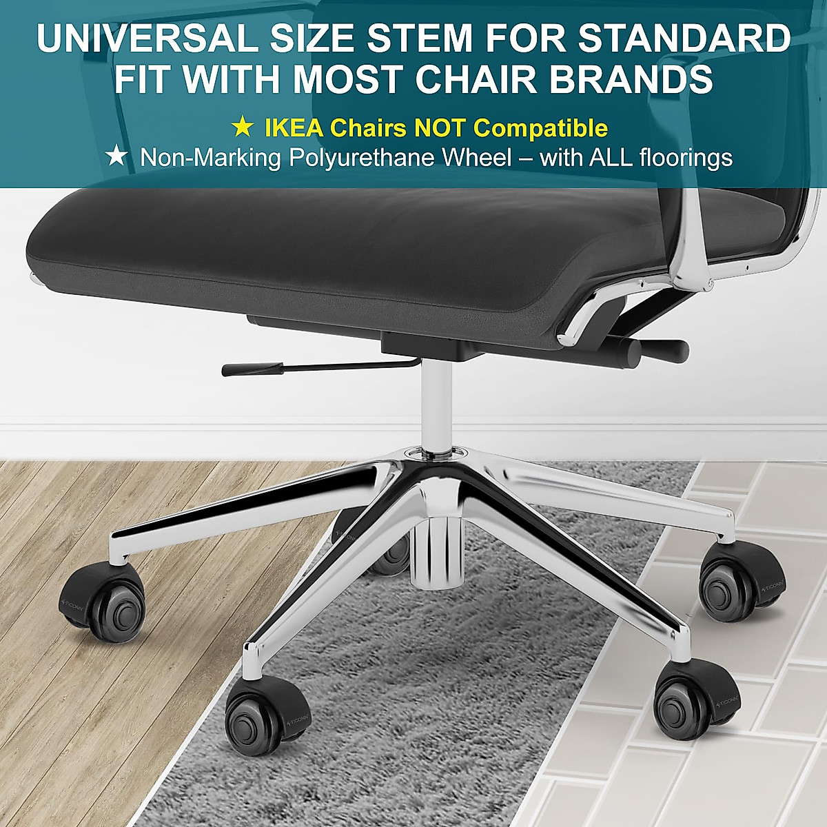 TICONN Office Chair Caster Wheels 2" Dual Wheels Set of 5 for Tile and Hardwood Floors, Universal Fit for Most Chairs (Black)