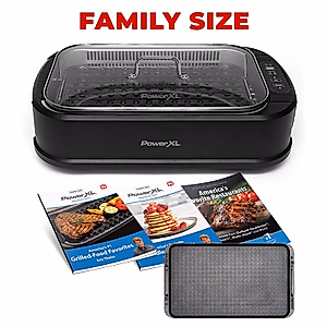 PowerXL Smokeless Grill Family Size- with Tempered Glass Lid with Interchangeable Grill and Griddle Plate and Turbo Speed Smoke Extractor Technology 22.1” X13.2” X 6.1