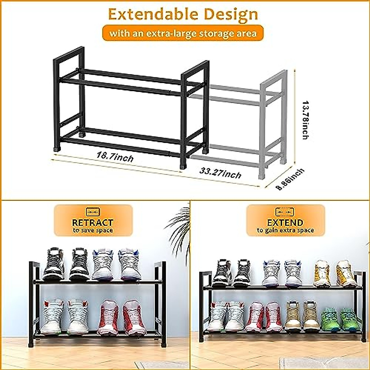 Bumusty Expandable 2 Tier Shoe Organizer Rack, Shoe Rack for Closet, Closet Shoe Rack Storage, Small Shoe Rack for Entryway Small Space Floor Door, Black