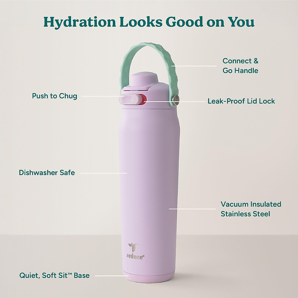 REDUCE Aura Vacuum Insulated 26 oz Water Bottle - Leak-Proof & Chug Spout for Quick Hydration - Keeps Drinks Cold for 30 Hours - Removable Handle for Travel or Gym - Soft Sit Base - Lilac Bud
