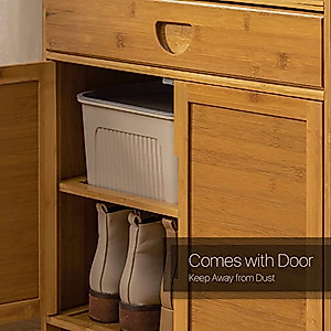 MoNiBloom Bamboo Free Standing Closet Organizer with Drawer, Clothing Rack with 1 Shelf, 1 Hanging Rods, 8 Hooks & Storage Cabient for Bedroom Living Room Office, Natural