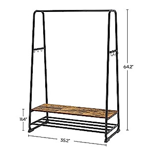 YATINEY Clothes Rack, Garment Rack for Hanging Clothes, Industrial Clothing Rack with 2 Shelves, 6 S Hooks, Metal Frame, for Bedrooms, Entrances, Rustic Brown and Black GR45BR