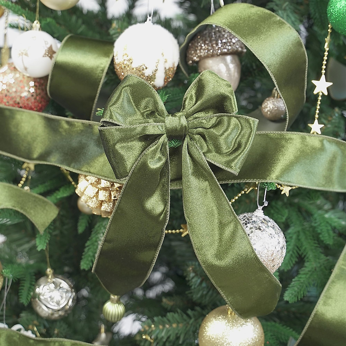 AIMUDI Olive Green Velvet Wired Ribbon 2.5 Inch Green Christmas Ribbon Wired Dark Moss Green Ribbon for Christmas Tree, Wreaths, Swags, Gift Wrapping, Garland, Holiday Crafts, Topper Bows - 10 Yards