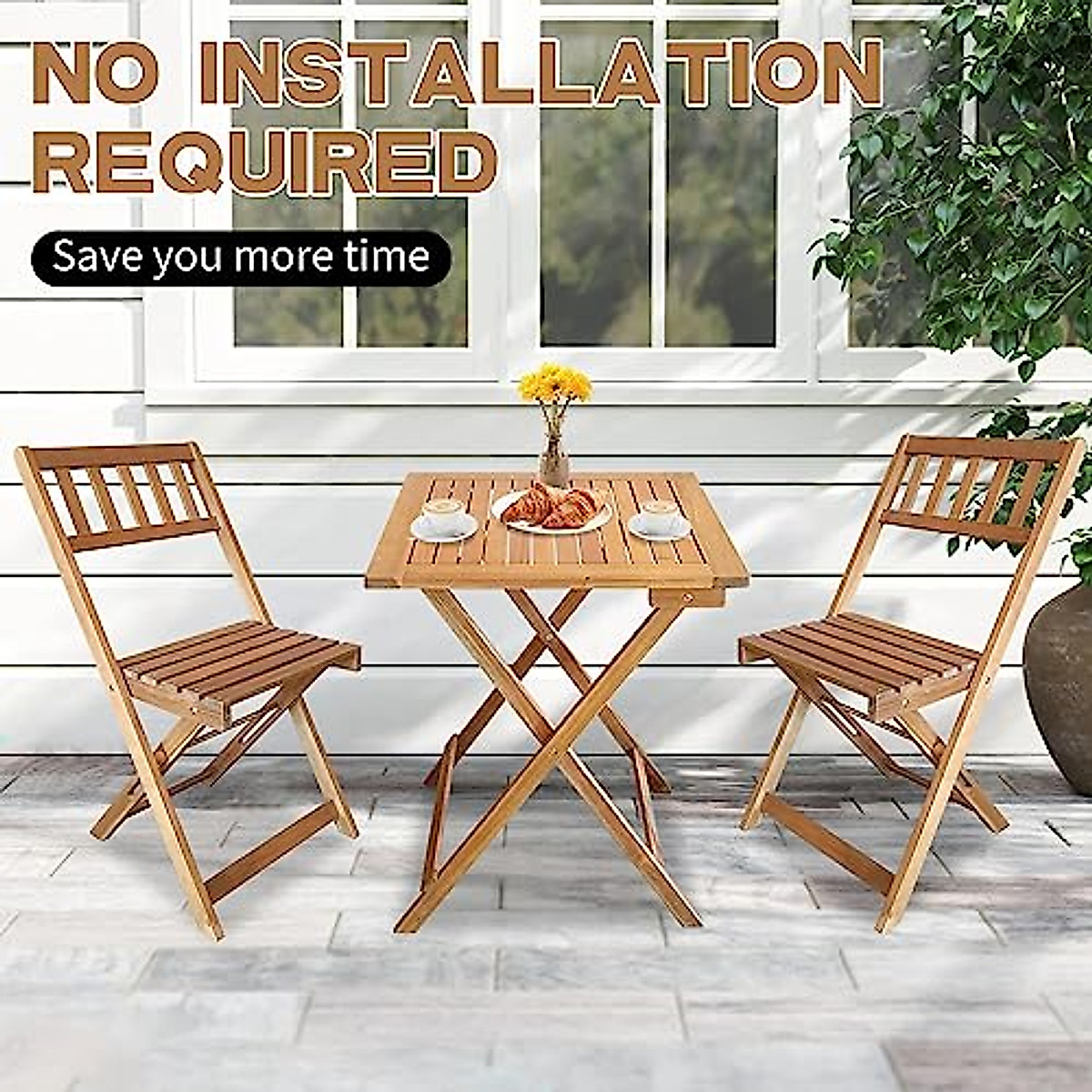 BLKMTY Patio Bistro Set 3-Piece Outdoor Patio Furniture Sets Folding Table and Chairs Acacia Wood Bistro Set Balcony Cafe Table Square Patio Table Chair for Front Porch, Garden, Deck, Backyard