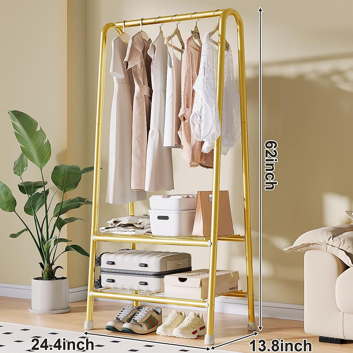 Gold Garment Rack, Metal Clothes Racks, Sturdy Clothing Racks, Premium Wardrobe Rack, Closet Organizers and Storage with Double Layer Shelf for Storing Clothes, Shoes, Bags, 24.4 * 13.8 * 62Inches