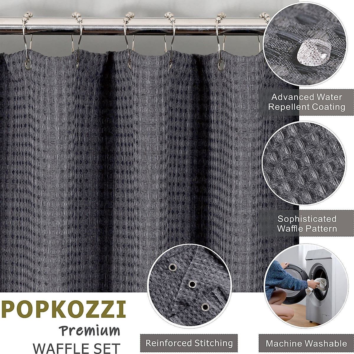 Popkozzi Grey Waffle Shower Curtain: Gray Textured Heavy Duty Fabric Shower Curtains for Bathroom - Water Repellent Washable Cloth Hotel Spa Luxury Neutral Decorative Bath Curtain - 72x72