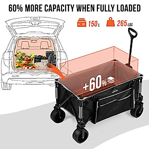 Overmont Collapsible Wagon Cart with Wheels - All-Terrain 3.2in Wide Wheels - Foldable 150L Large Capacity with Side Pockets for Camping Sports Garden Grocery Shopping - 330lbs Load