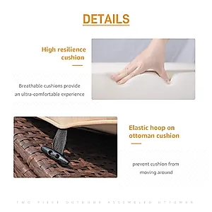 Patiorama 2 Pieces Assembled Outdoor Patio Ottoman, Indoor Outdoor All-Weather Dark Brown Wicker Rattan Outdoor Footstool Footrest Seat with Beige Cushions, No Assembly Required