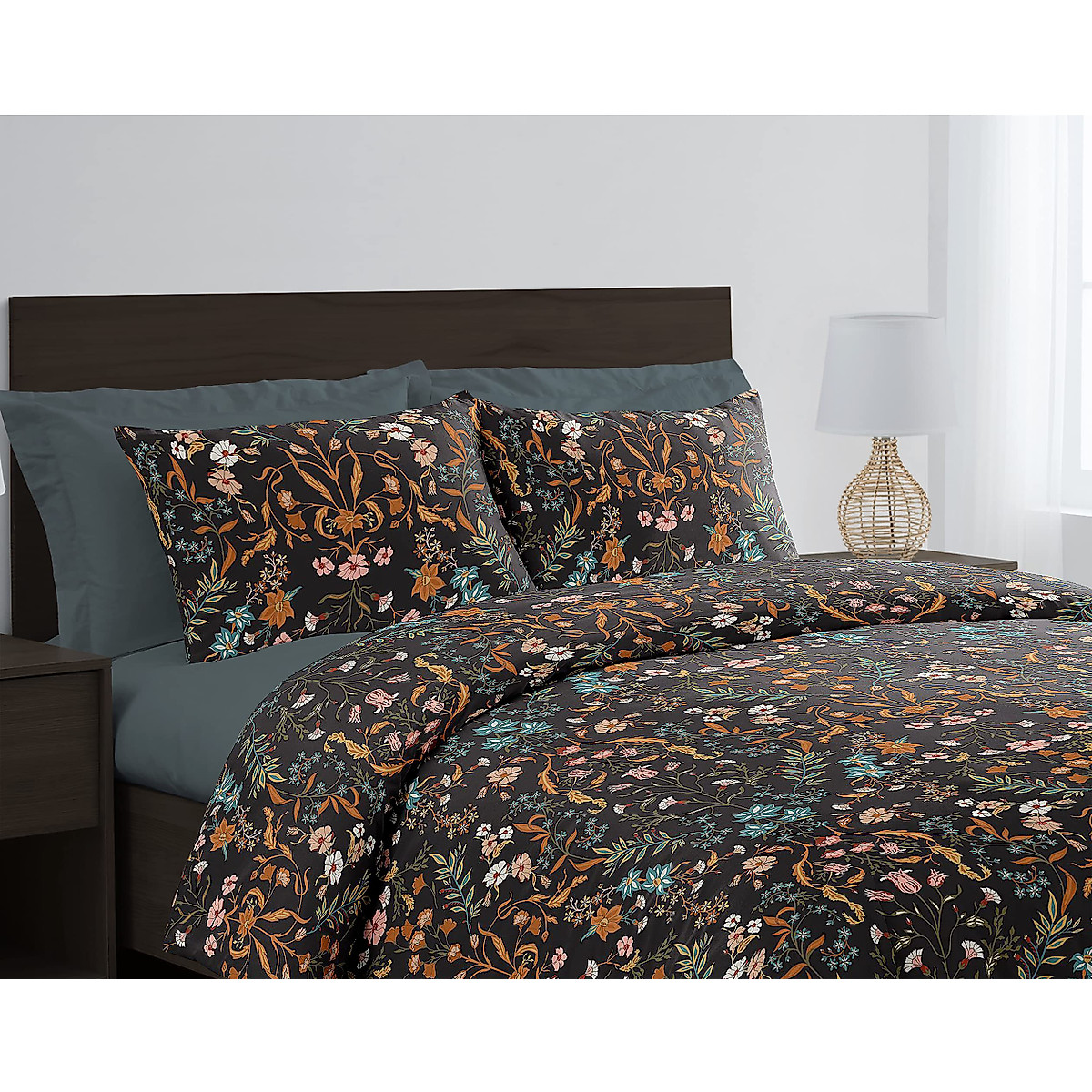 Sweet Jojo Designs Boho Bohemian Farmhouse Black and Orange Wildflower Garden Floral Duvet Comforter Cover and Sham 3pc King Size Bed Bedding Set Bedroom Botanical Cottagecore Flower Vintage Turquoise