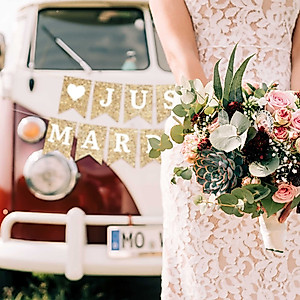 Pre-Strung Just Married Banner - NO DIY - Gold Glitter Wedding Party Banner - Pre-Strung Garland on 6 ft Strands - Gold Wedding Reception Party or Car Decorations & Decor. Did we Mention no DIY?