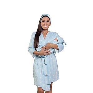 MOMMY O CLOCK Mommy Robe for Maternity and Baby Swaddle Blanket, Milk Silk Matching Delivery Robe and Swaddling Wrap for Mom and Baby (Blue Polka Dot, L/XL (12-24))