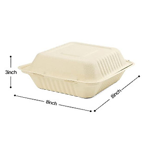 Pony Packaging 8X8 50-Pack 100% Compostable Clamshell Take Out Food Containers, Heavy-Duty Quality to go Containers, Natural Disposable Bagasse, Eco-Friendly Biodegradable Made of Sugar Cane Fibers