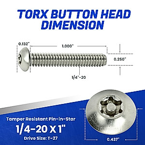 Fastenere Torx Security Machine Screws - 1/4-20 x 1" (10-Pack) Stainless Steel, Tamper-Resistant, Button Head Screws, Bolt Screw for Higher Level of Safety & Theft Prevention