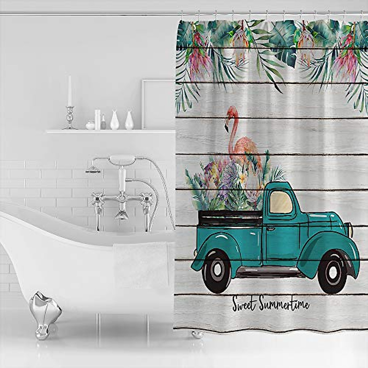 Shower Curtain, Turtle Leaf Tropical Truck Flamingo Washable Shower Curtain with Hooks Bath Decor Fabric Shower Curtains for Bathroom, Hotel, Stalls, Bathtubs, 60x72 in