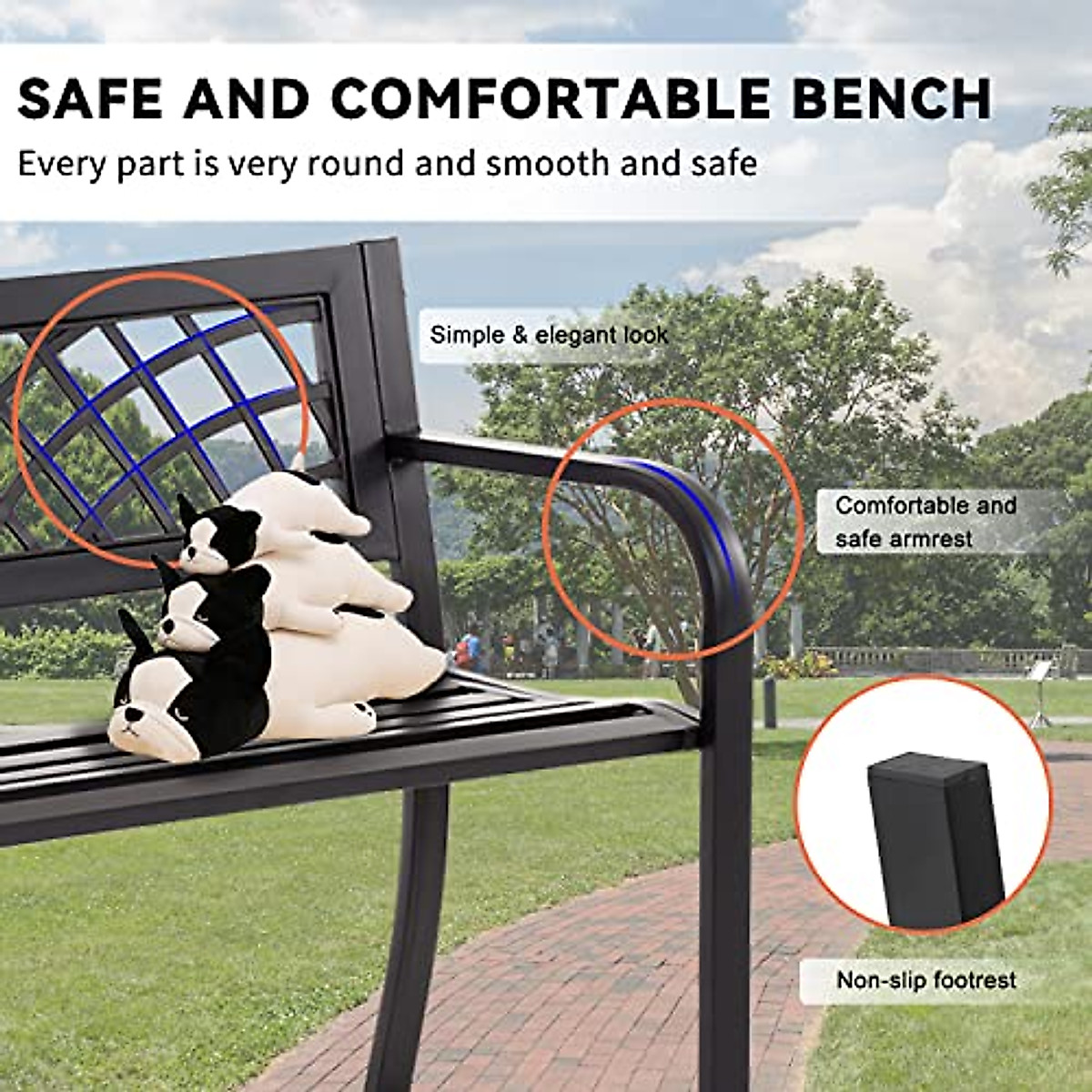 Patio Bench, 4 Feet Rust-Proof Cast Iron Park Bench, Hold 480 lbs Heavy-Duty Metal Outdoor Furniture Bench Seat, with Plastic Backrest Armrests Sturdy Steel Frame Front Porch Bench for Yard Porch