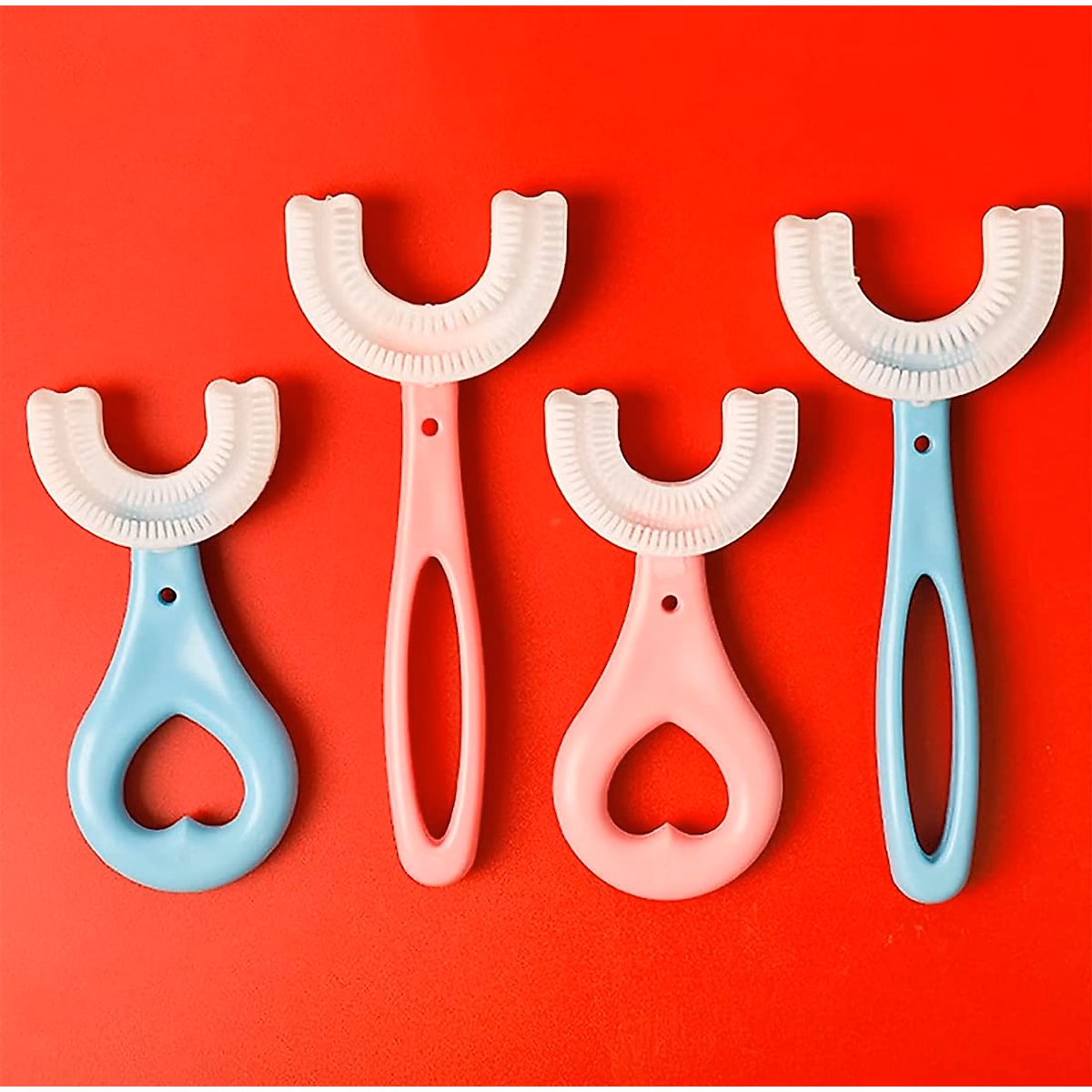 Pritbon 4Pcs Children's U-Shape Toothbrush for 360degree Thorough Cleansing, Heart/Oval U Shape Toothbrush for Kids 0-12 Years Old