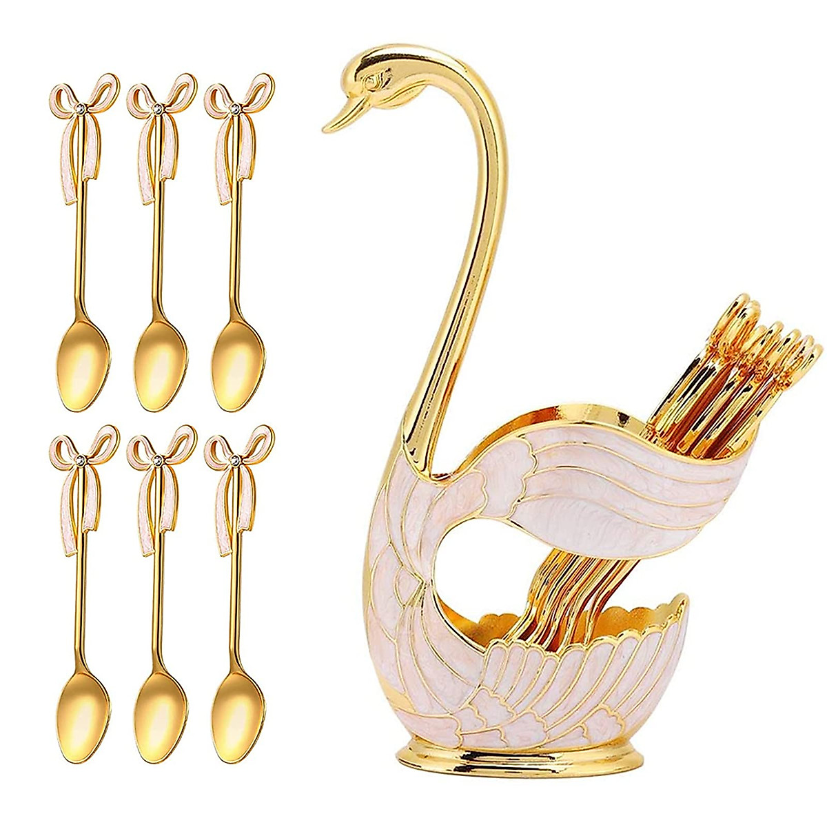 Metal Spoon Set Includes Swan Base Holder And 6 Spoons, Coffee Dessert Flatware Dinnerware Set With Organizer (Gold)