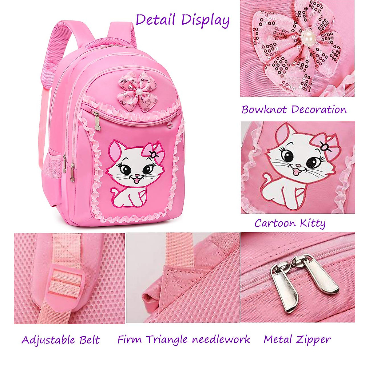 Debbieicy Cute Cat Printing Lace Backpack Lightweight Princess School Bag Kids Bookbag Handbag Pen Bag Set for Primary Girls (Large, Pink1(Backpack Handbag Pen Bag))
