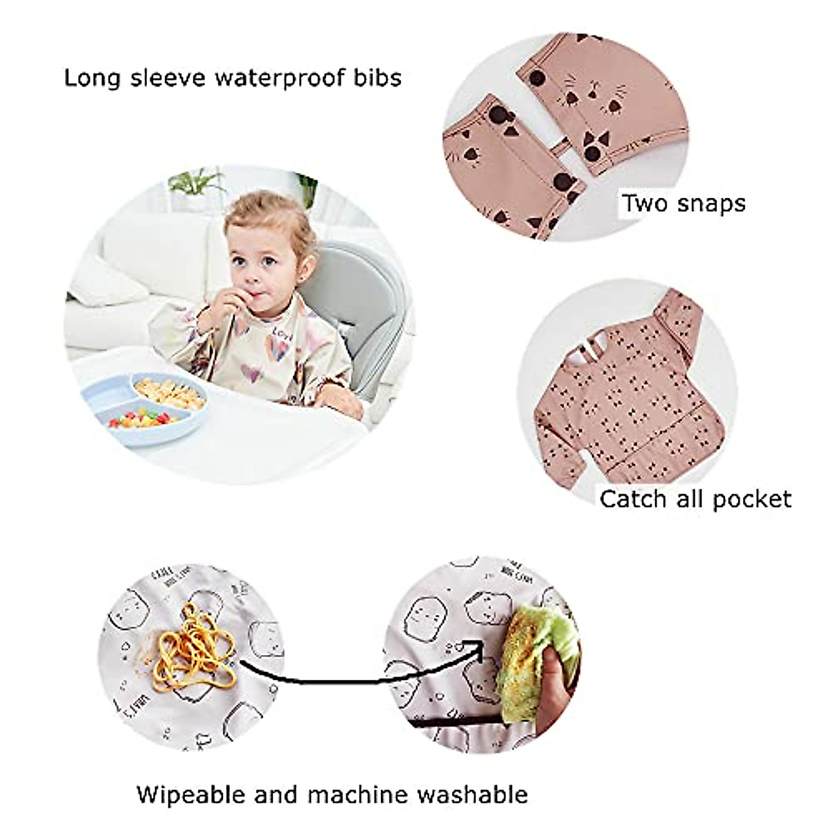 GZMM Waterproof Baby Bibs,Infant Toddler Long Sleeve Feeding Bib With Food Catcher,Easy Clean & Washable 2 Pack