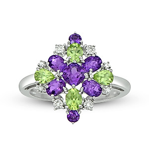 Jewelili Sterling Silver 4 MM Cushion Cut, 4x3 MM Oval and Round Amethyst with 4x3 MM Pear and Oval Cut Peridot and Diamond Accent Engagement Ring Size 7