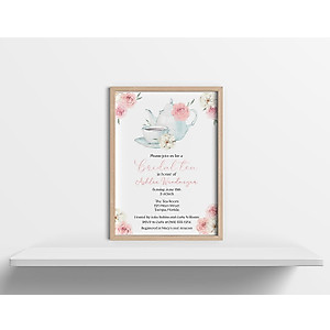 Bridal Shower Invitations Wedding Tea Party Invites Pink English British High Tea Cup Floral Flowers Cake Cookies Brunch Luncheon Customized Printed Cards (12 Count)