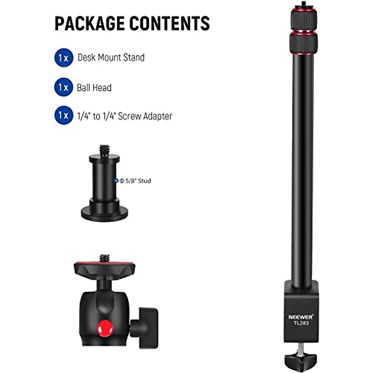 NEEWER Extendable Camera Desk Mount with 1/4" Ball Head, 17”-40” Adjustable Table Light Stand with 1/4" Screw Adapter and C Clamp for DSLR Camera, Ring Light, Live Stream, Vlog, Max Load: 6.6lb/3kg