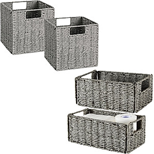 Vagusicc Wicker Baskets for Storage, Wicker Baskets for Shelves, Set of 4 Hand-Woven Round Paper Rope Storage Baskets Wicker Baskets for Organizing Storage Bins, Grey
